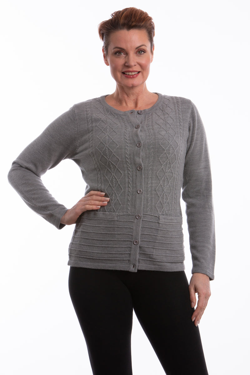 La Madona Women's Short Button-up Cable Knit Cardigan - Grey