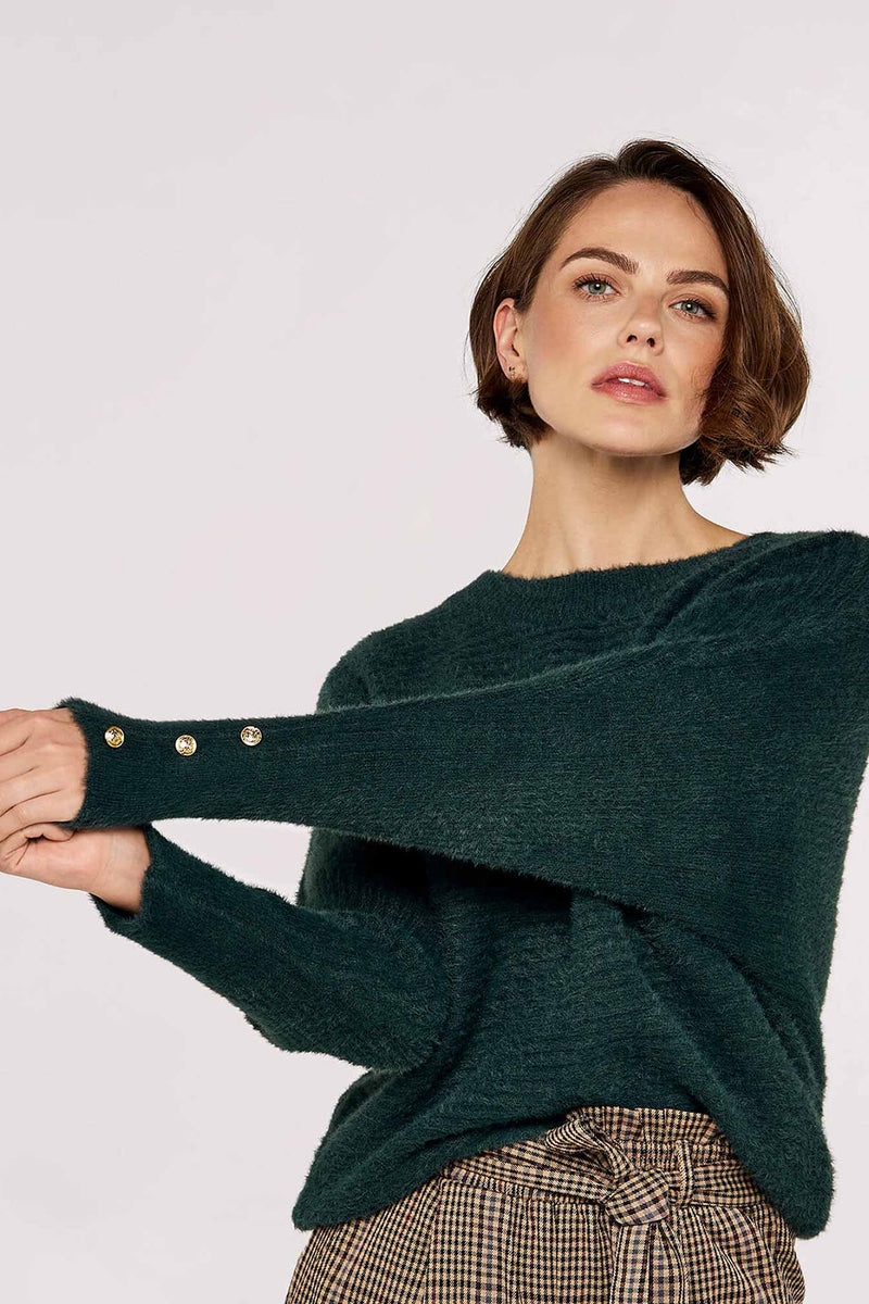 Apricot Women's Fluffy Ribbed Button Cuffed Sweater