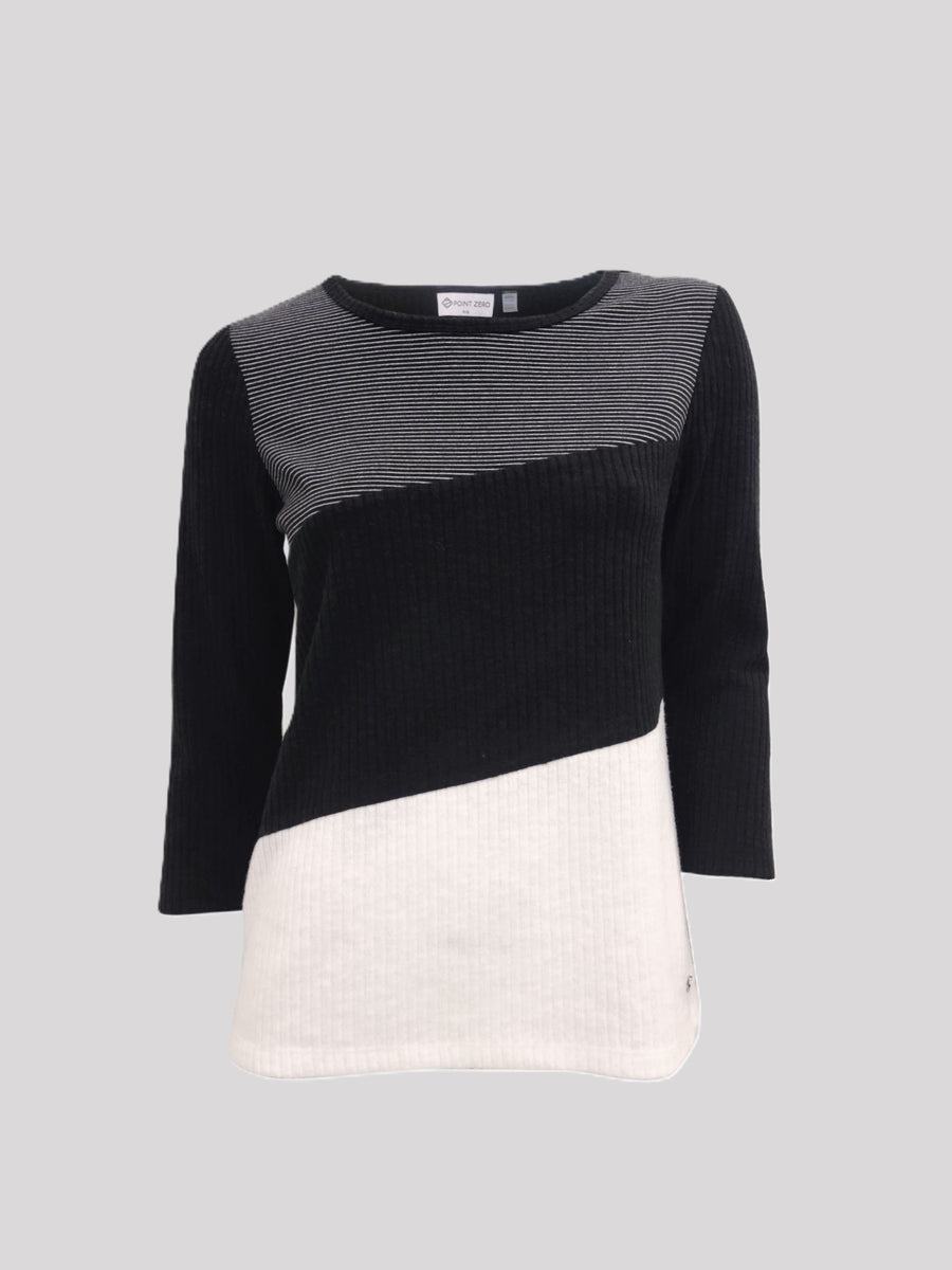 Point Zero Women's Colorblock Rib 3/4 Sleeve Knit Top - Black