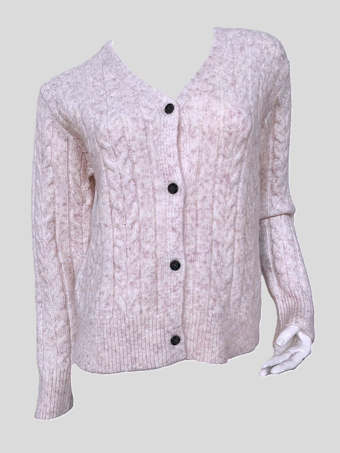 Point Zero Button-Up Front Cable Knit Cardigan - Sand/Pink