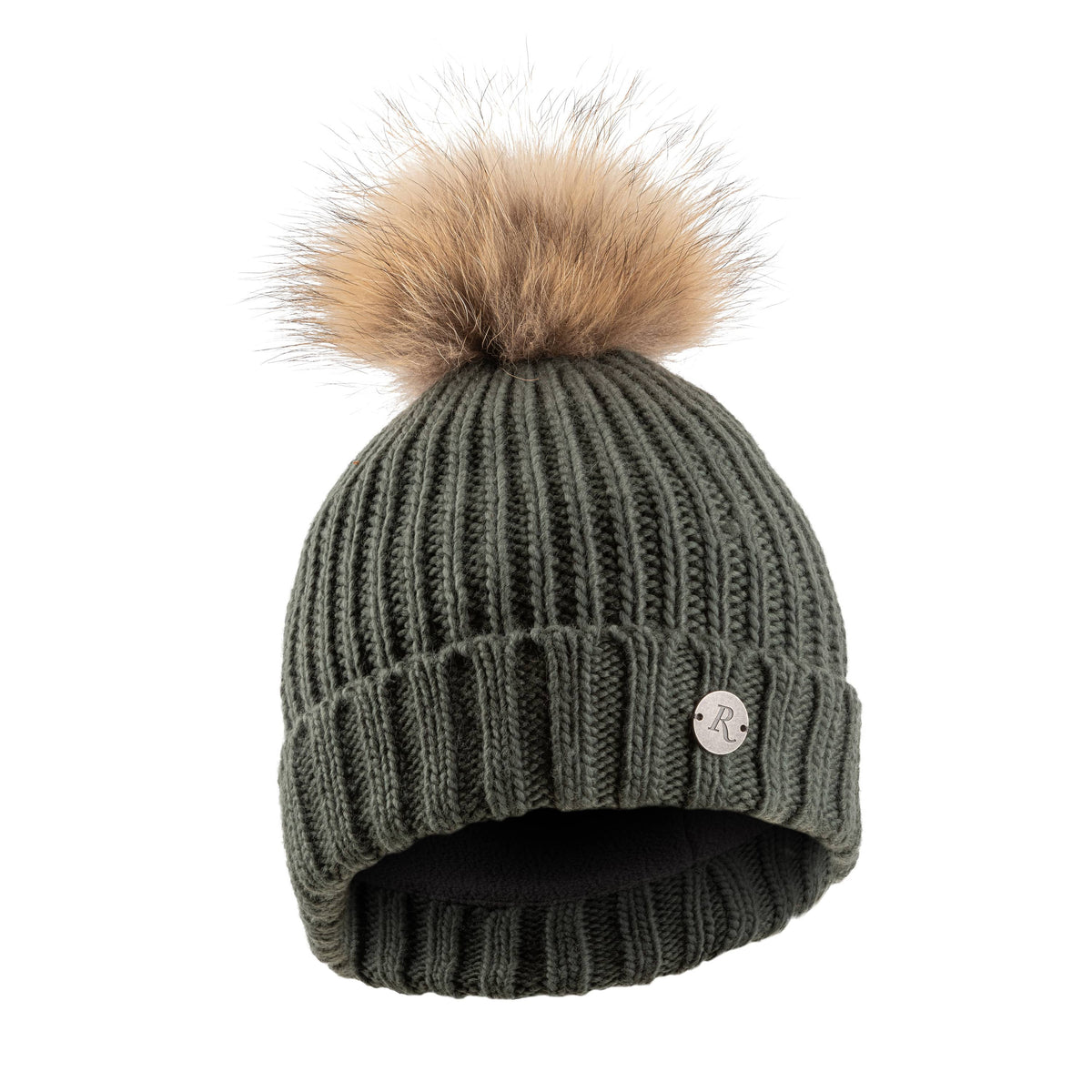 Remington Women's Fleece Lined Ribbed Knit Tuque Removable Raccoon Fur